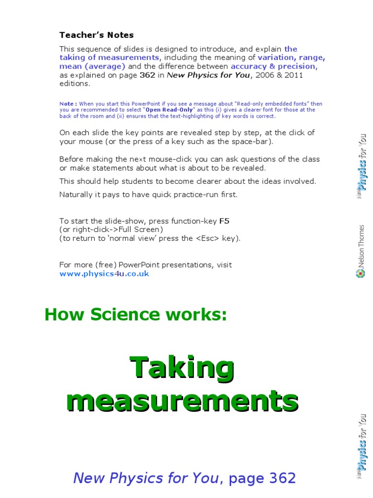 Teacher's Notes: The Taking of Measurements Variation, Range, Mean ...