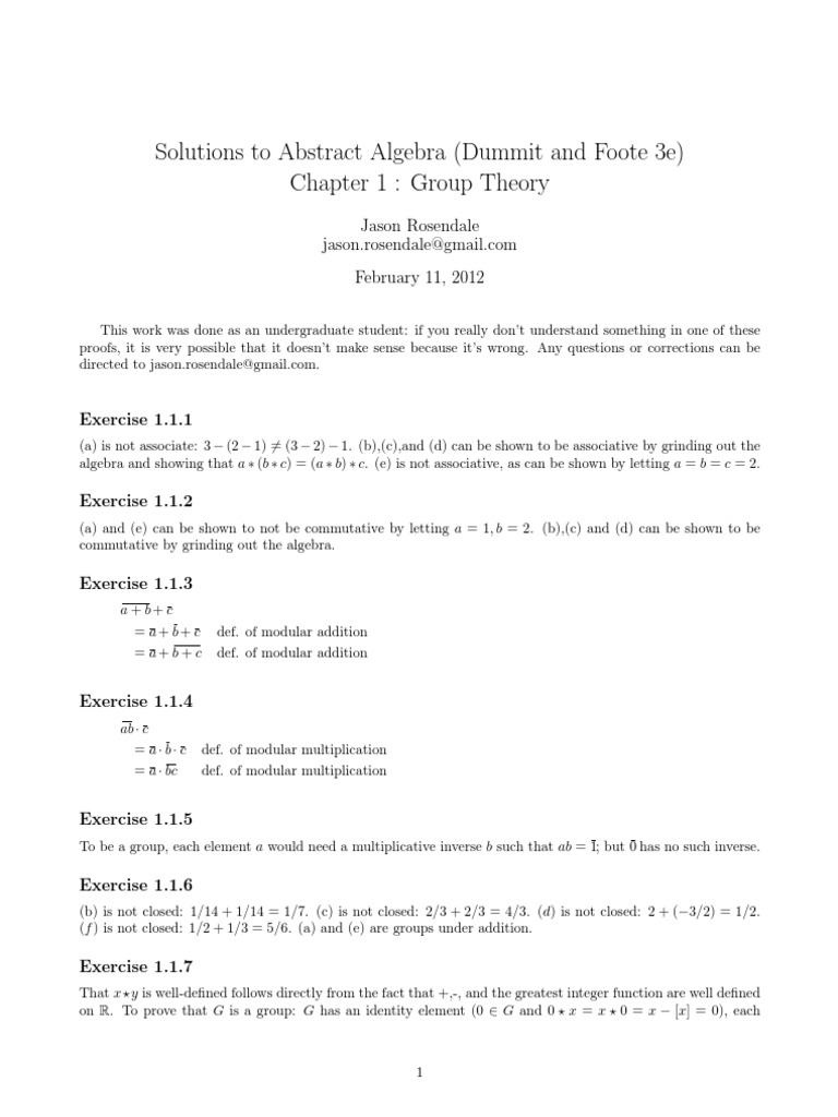 Solutions To Abstract Algebra - Chapter 1 (Dummit and Foote, 3e) | PDF ...