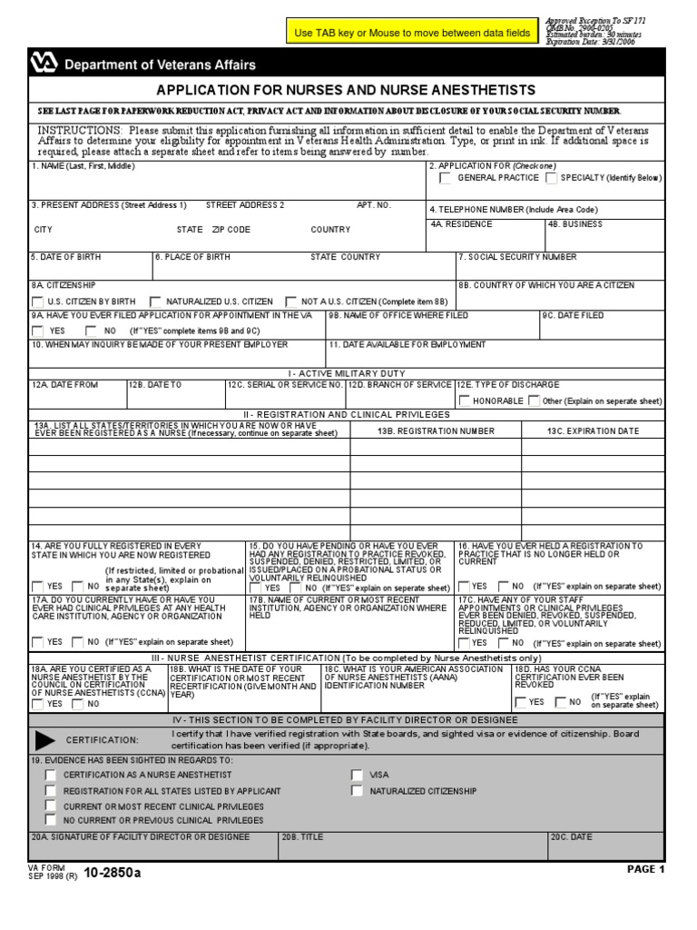 VA-10-2850a-Application For Nurses and Nurse Anesthetists - Fillable ...