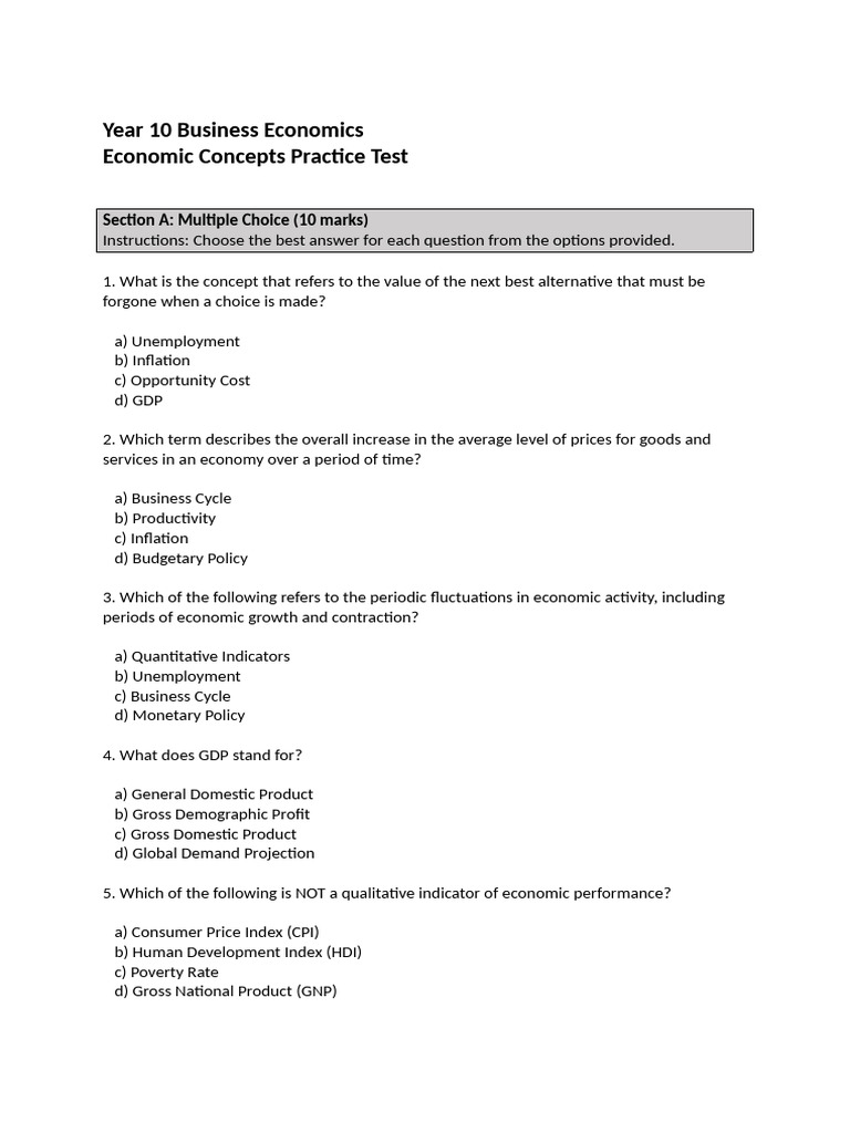 Economic Concepts Practice Test (1) | PDF | Recession | Inflation