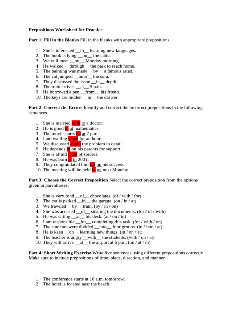 Prepositions Worksheet for Practice | PDF