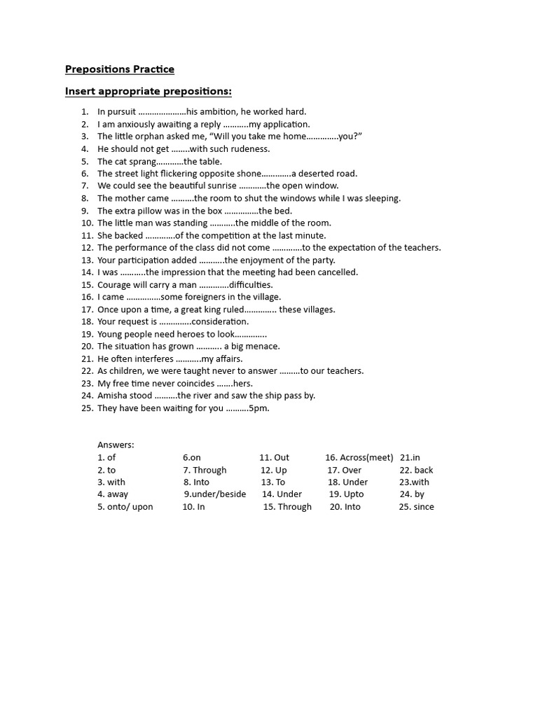 Preposition Practice Sheet 1, IX &X | PDF
