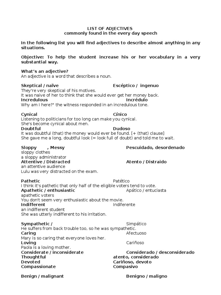 Comprehensive Adjective List | PDF | Vocabulary | Semantics