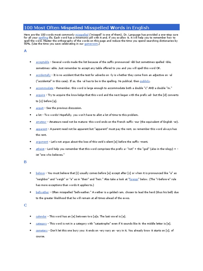 100 Most Often Misspelled Words in English | PDF | Orthography ...