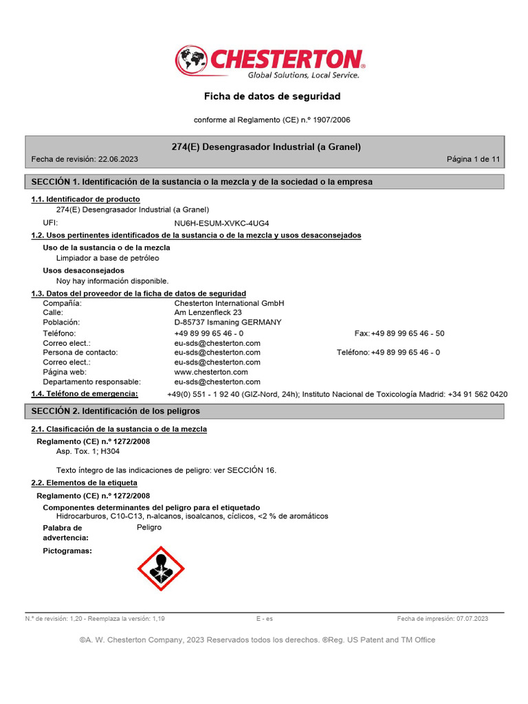 Hoja de Seguridad_ Desengrasador Industrial 274 CHESTERTON | PDF