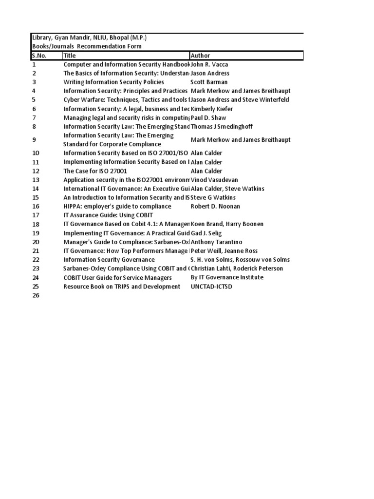 Recommendations for Books and Journals on Information Security, IT ...