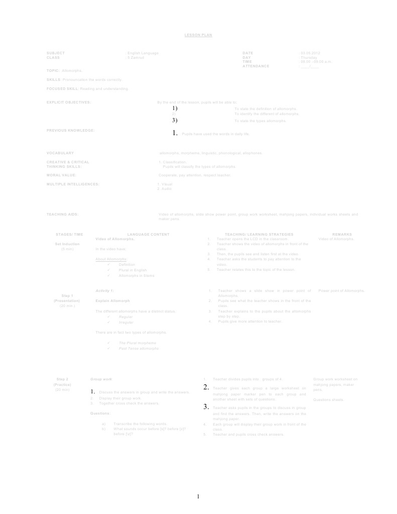 LESSON PLAN For Allomorphs | PDF | Lesson Plan | English Language