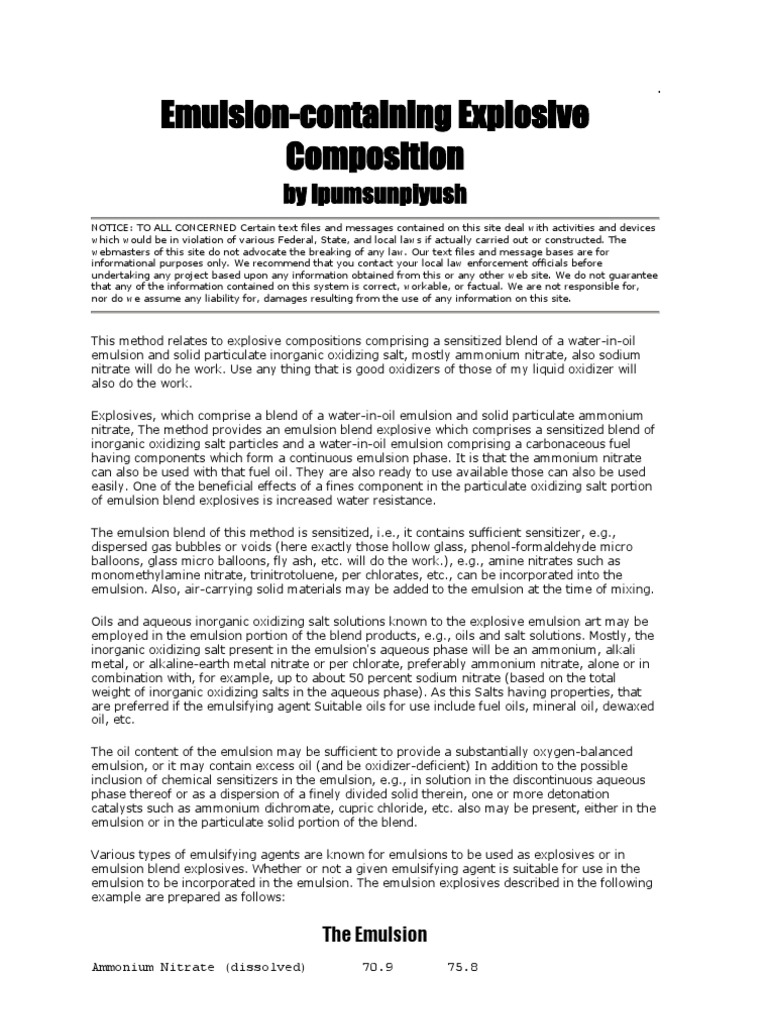 Emulsion-Based Explosive Composition | PDF | Home & Garden | Science ...