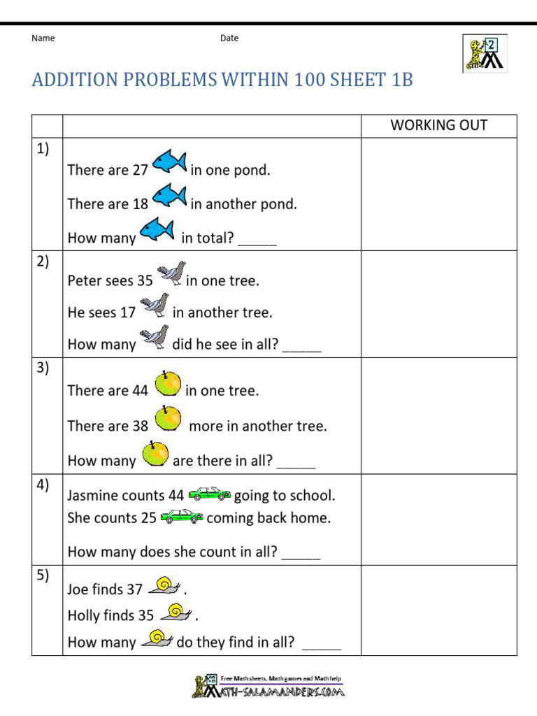 Addition Word Problems Within 100 1bgen | PDF