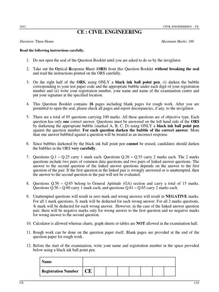 GATE 2012 Civil Engineering Question Paper | PDF | Soil Mechanics | Bending