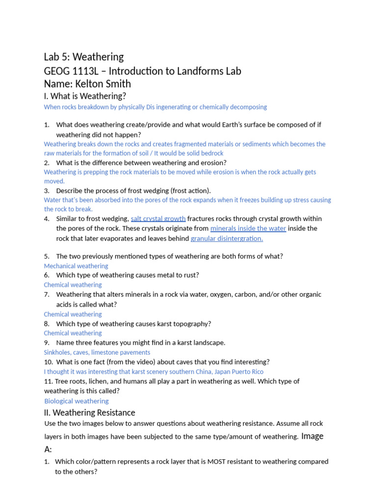 Lab 5 WeatheringGEOG 1113L Introduction to Landforms Lab Complete | PDF ...