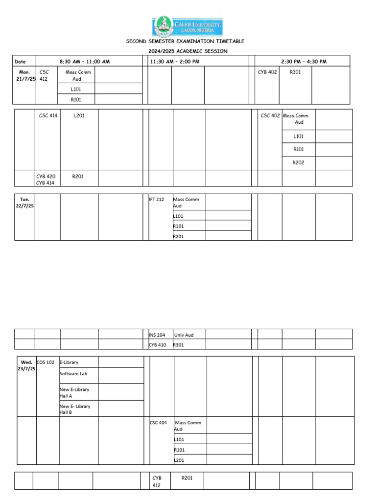 2024_2025_second Semester Examination Timetable... | PDF
