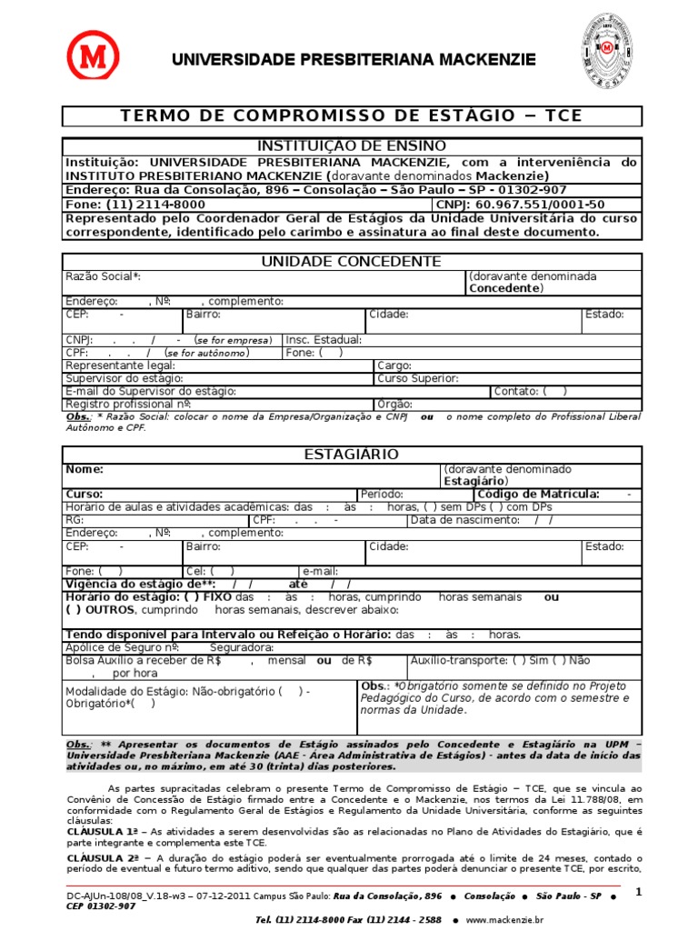 TCE - Termo de Compromisso de Estagio | Estágio | Universidade
