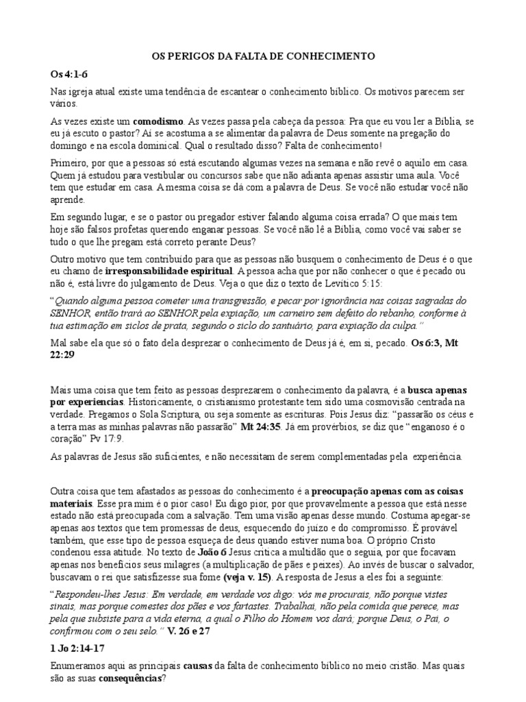 Os Perigos Da Falta de Conhecimento | PDF | Bíblia | Jesus Os Perigos Da Falta de Conhecimento | PDF | Bíblia | Jesus