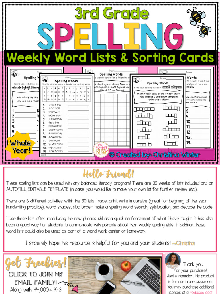 3rd Grade Spelling Lists and Word Cards | PDF | Writing