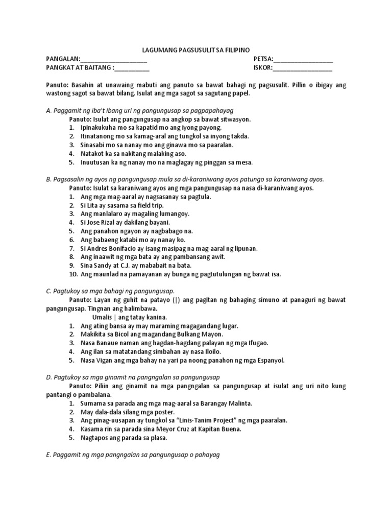 Summative Test SA FILIPINO (1st Grading) | PDF