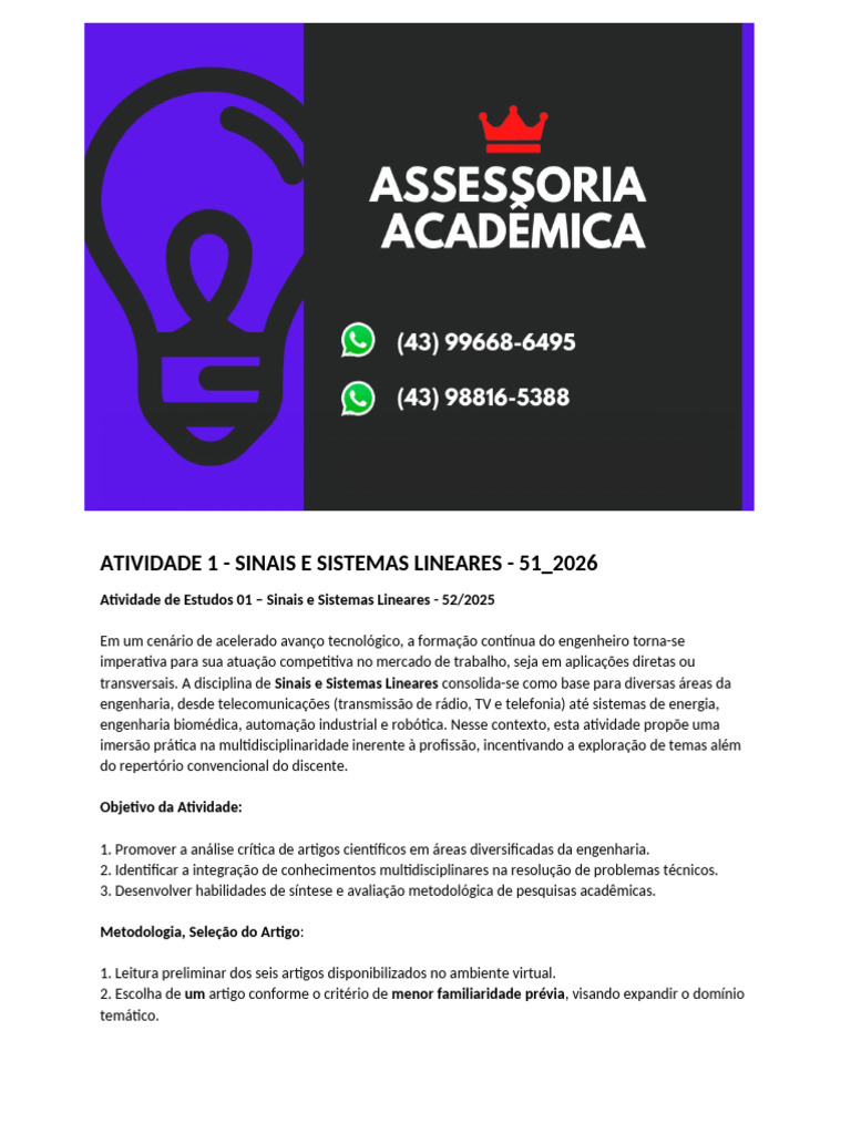 Atividade 1 - Sinais e Sistemas Lineares - 51_2026 | PDF
