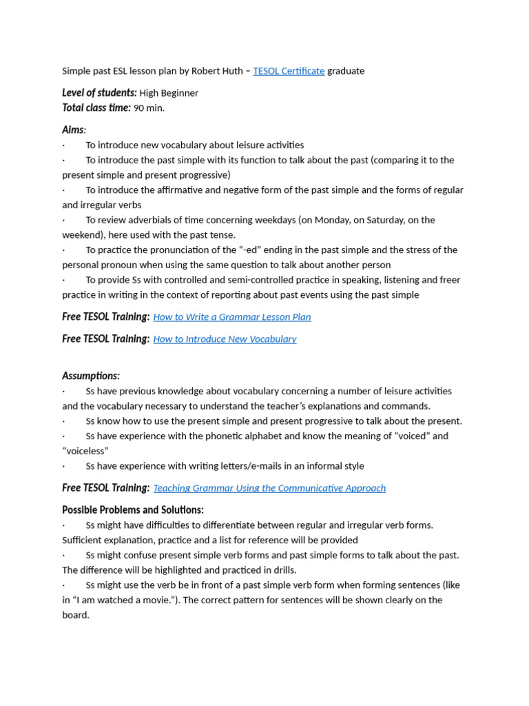 Simple past ESL lesson plan by Robert Huth | PDF