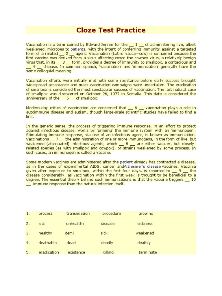 Cloze Test Practice | PDF | Vaccination | Smallpox