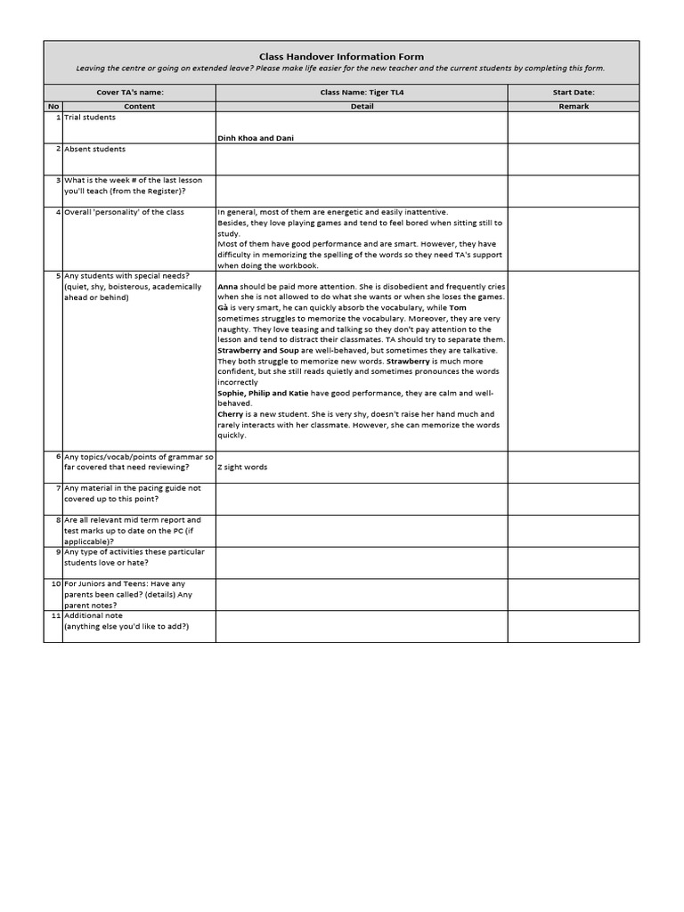 Handover Form - Tiger TL4 | PDF
