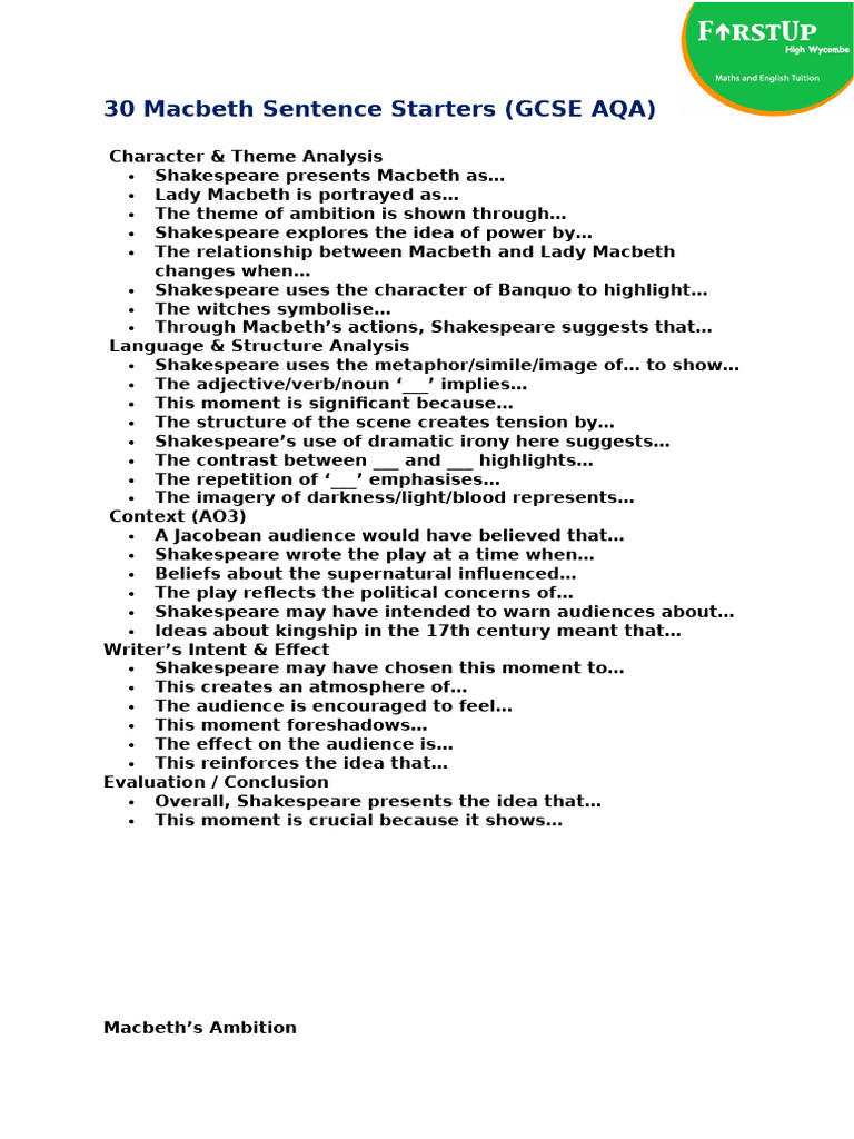 30 Macbeth Sentence Starters | PDF