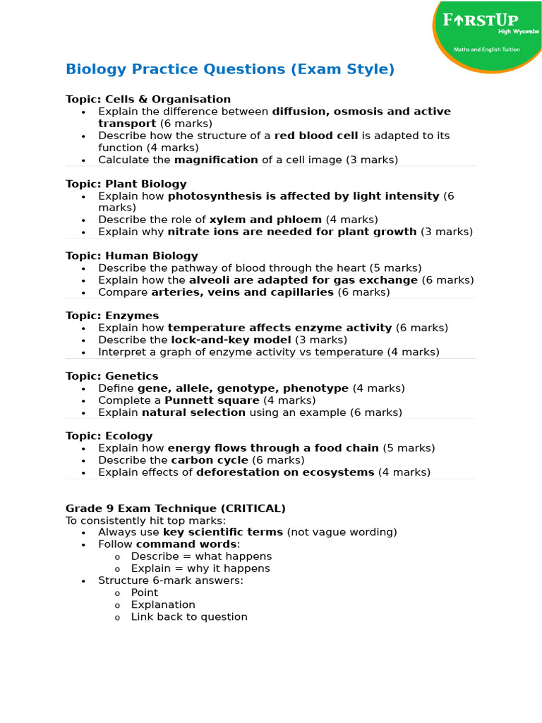 Biology Practice Questions | PDF | Heart | Enzyme
