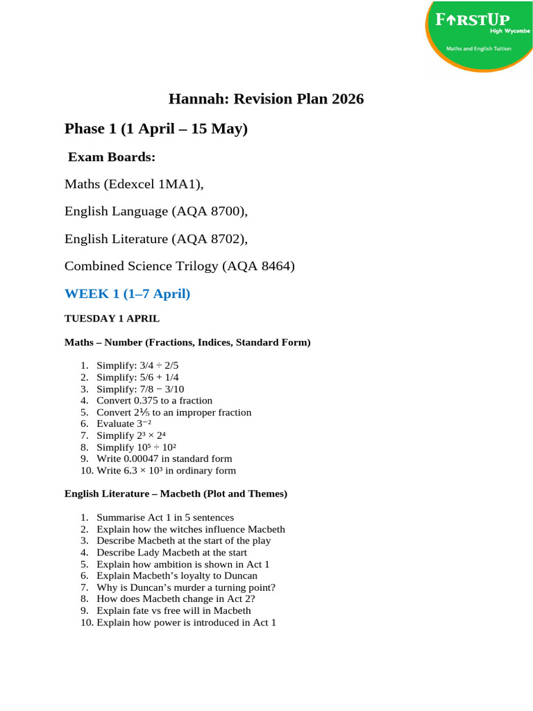 Hannah Full Revision Plan 2026 | PDF