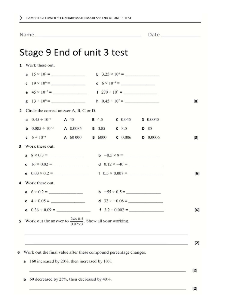 Cambridge Lower Secondary 9 Mathematics End of Unit Test 3 Decimals ...