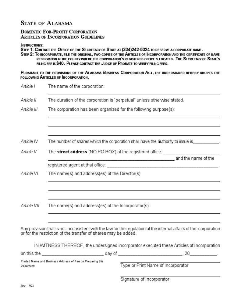 Alabama Articles of Incorporation Guide | PDF | Law