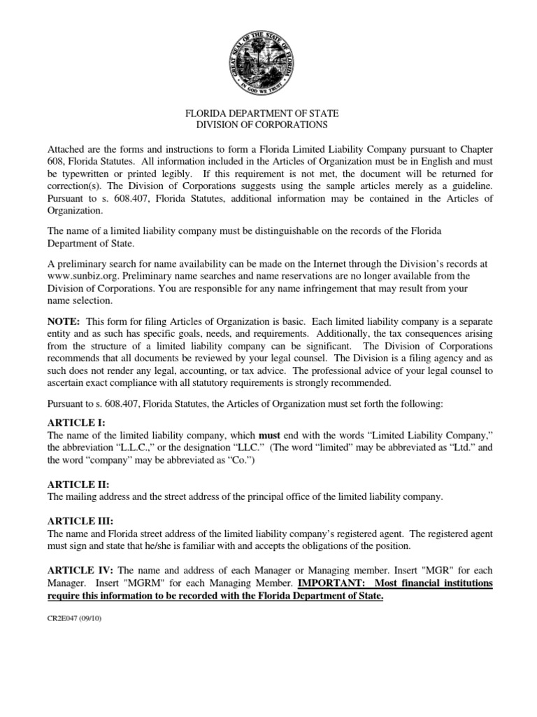 Florida LLC Articles of Organization | PDF
