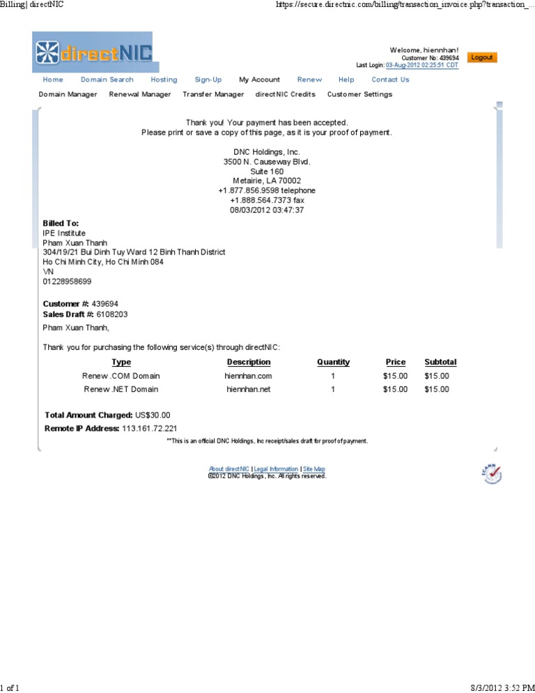 Domain Renewal Receipt - directNIC | PDF | Business | Finance & Money ...