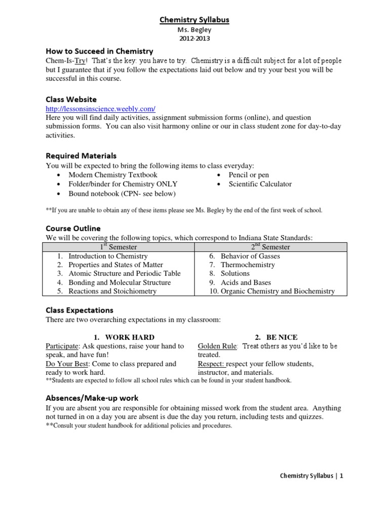 High School Chemistry Syllabus 2012-2013 | PDF | Syllabus | Test ...