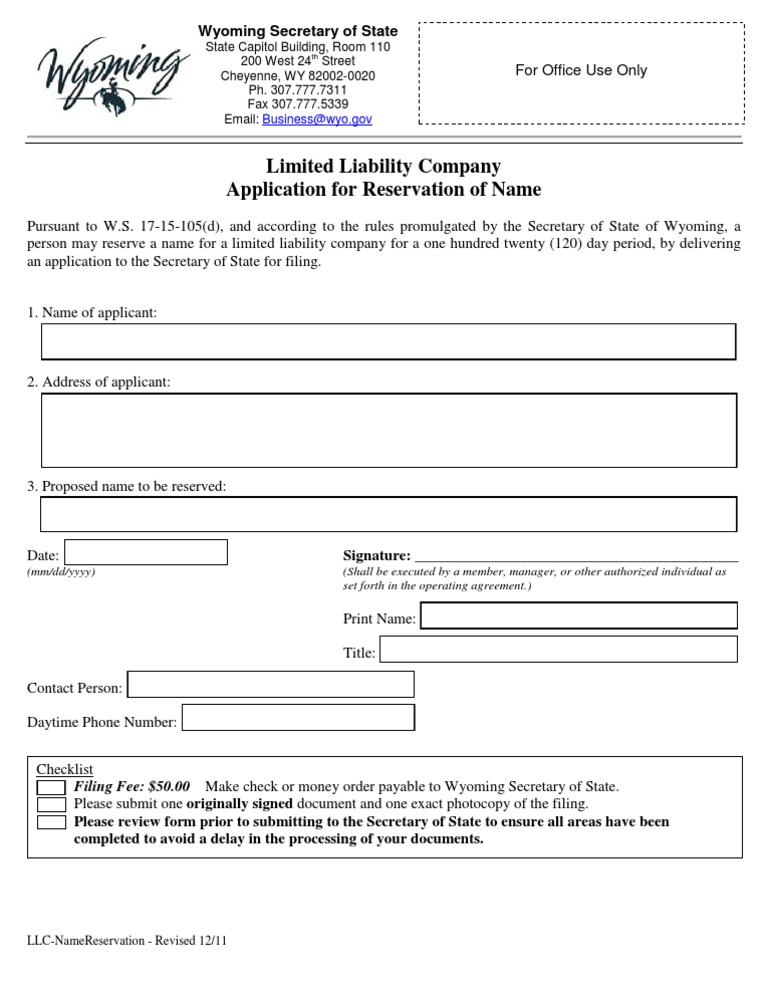 Wyoming LLC Name Reservation | PDF