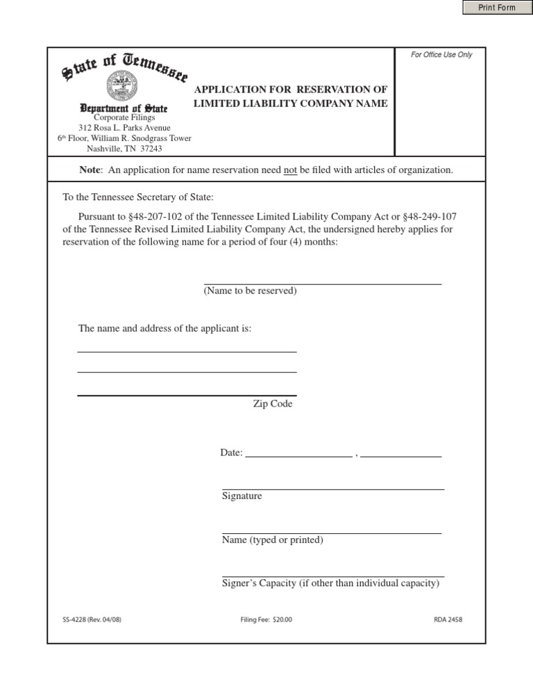 Tennessee LLC Name Reservation | PDF