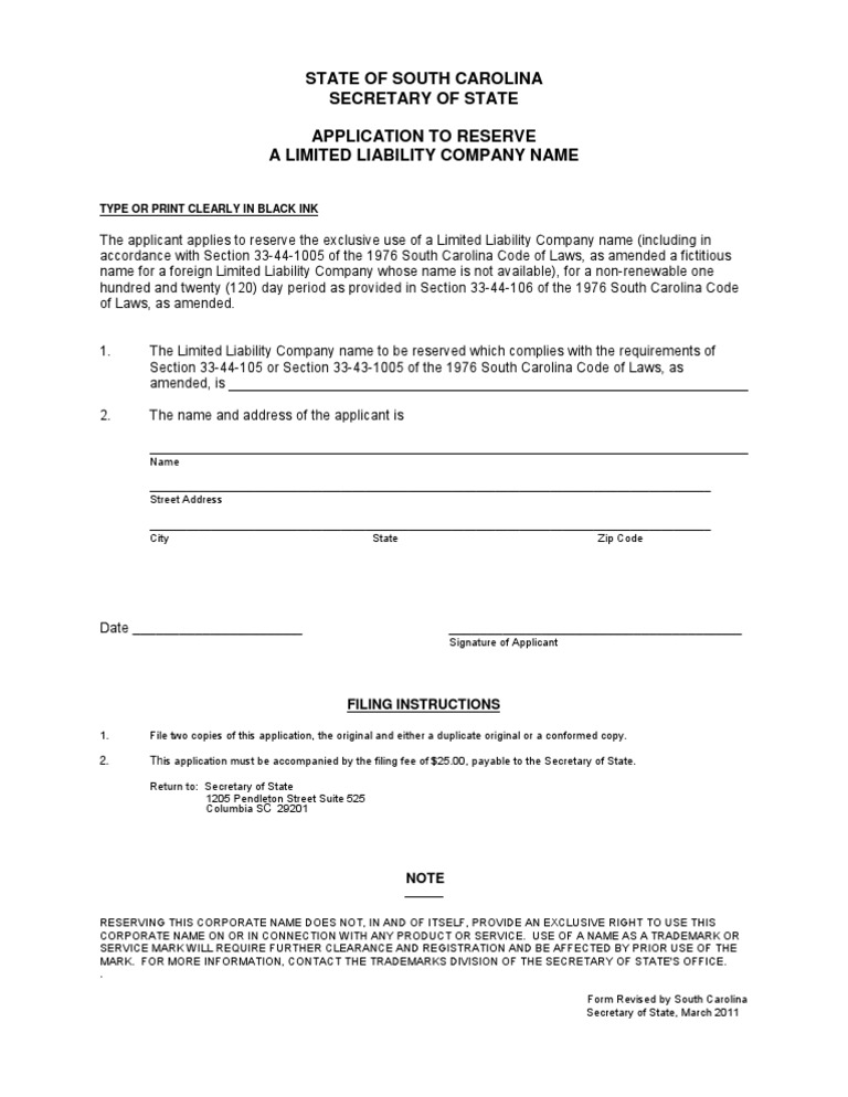 South Carolina LLC Application to Reserve Name