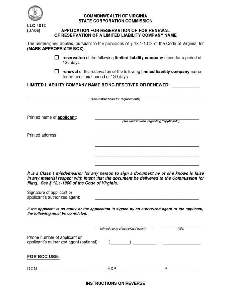 Virginia LLC Name Reservation Application | PDF | Limited Liability ...