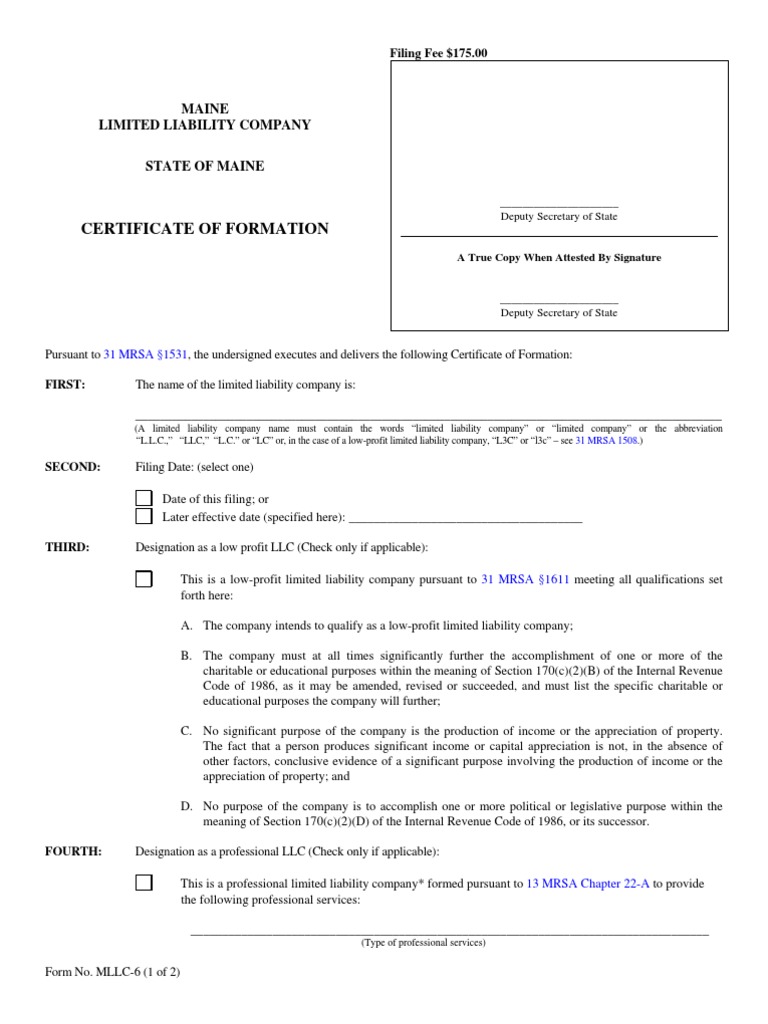 Maine LLC Certificate of Formation | Limited Liability Company ...