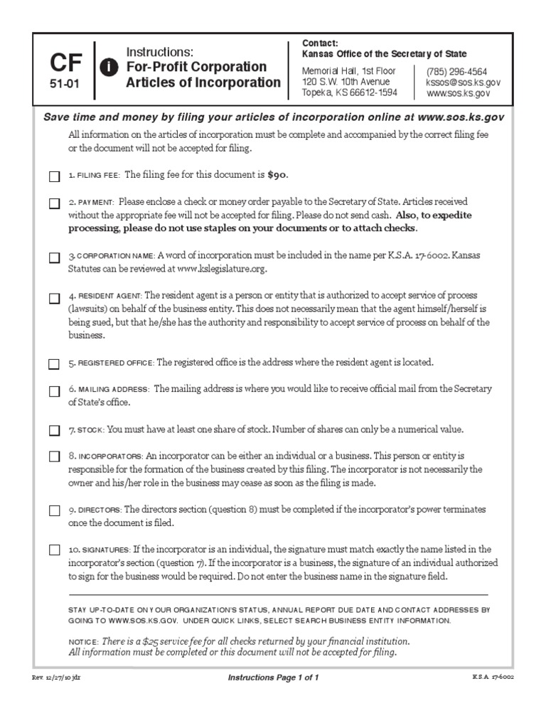 Kansas Articles of Incorporation | PDF | Registered Agent | Government