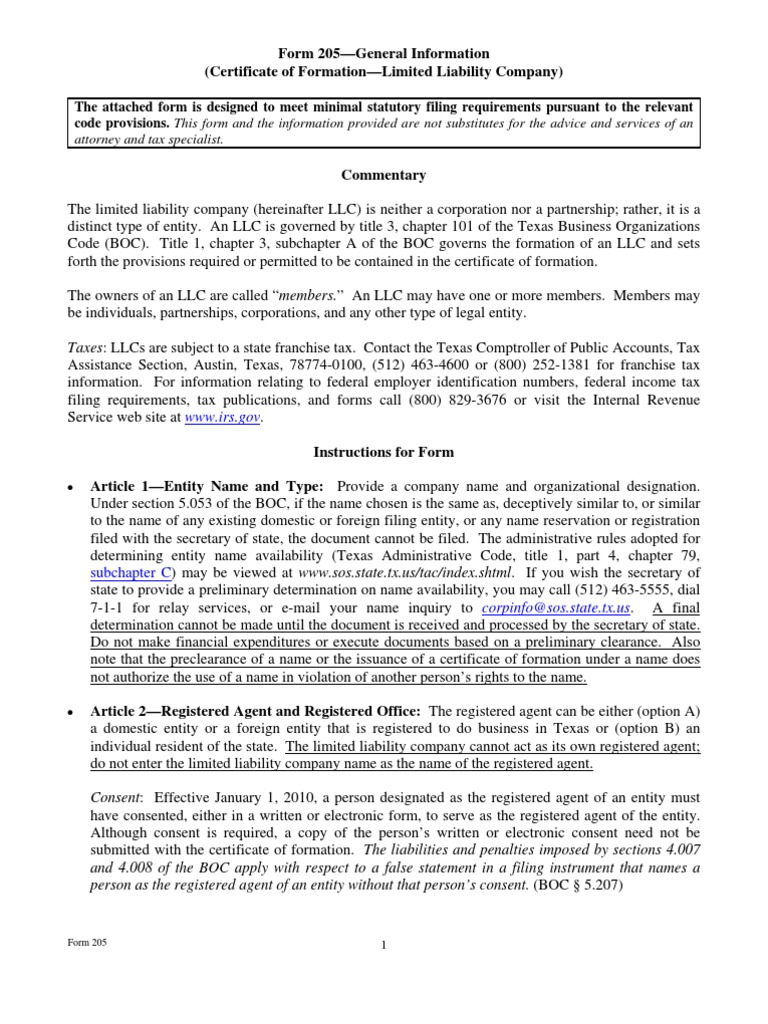 Texas LLC Certificate of Formation Guide | PDF | Registered Agent ...