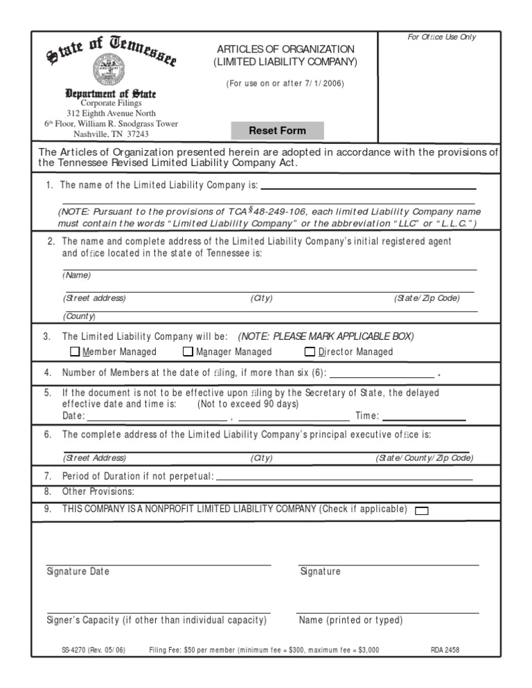 Tennessee LLC Articles of Organization | PDF