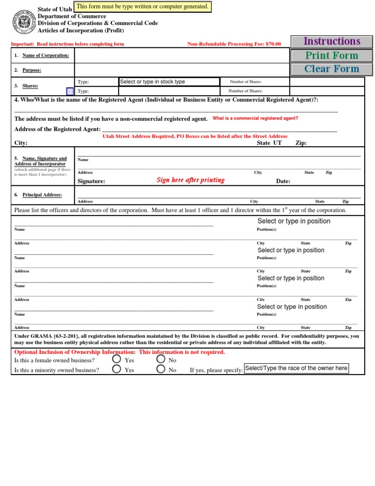 Utah Articles of Incorporation | PDF