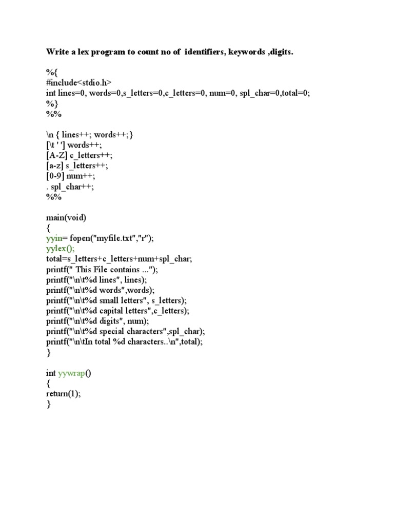 Write A Lex Program To Count No of Identifiers, Keywords, Digits | PDF ... Write A Lex Program To Count No of Identifiers, Keywords, Digits | PDF ...