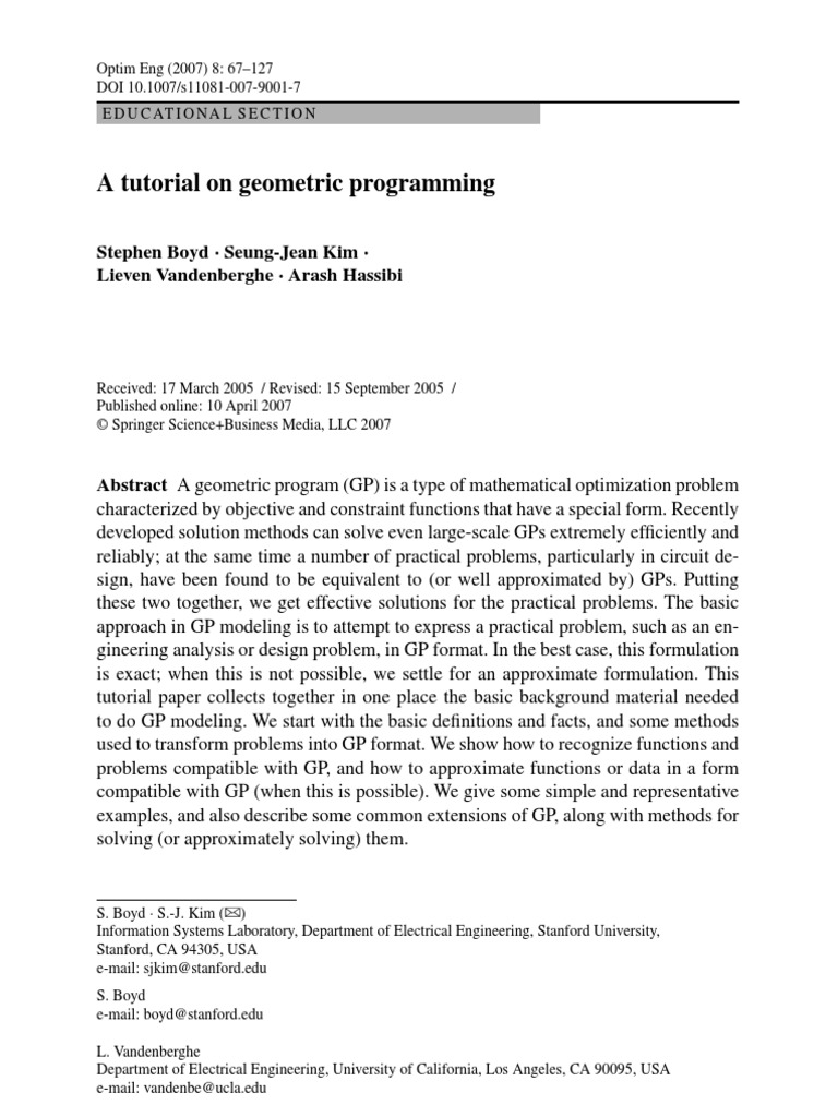 A Tutorial On Geometric Programming: Stephen Boyd Lieven Vandenberghe | PDF