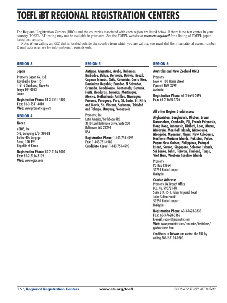 TOEFL iBT Regional Registration Centers | PDF