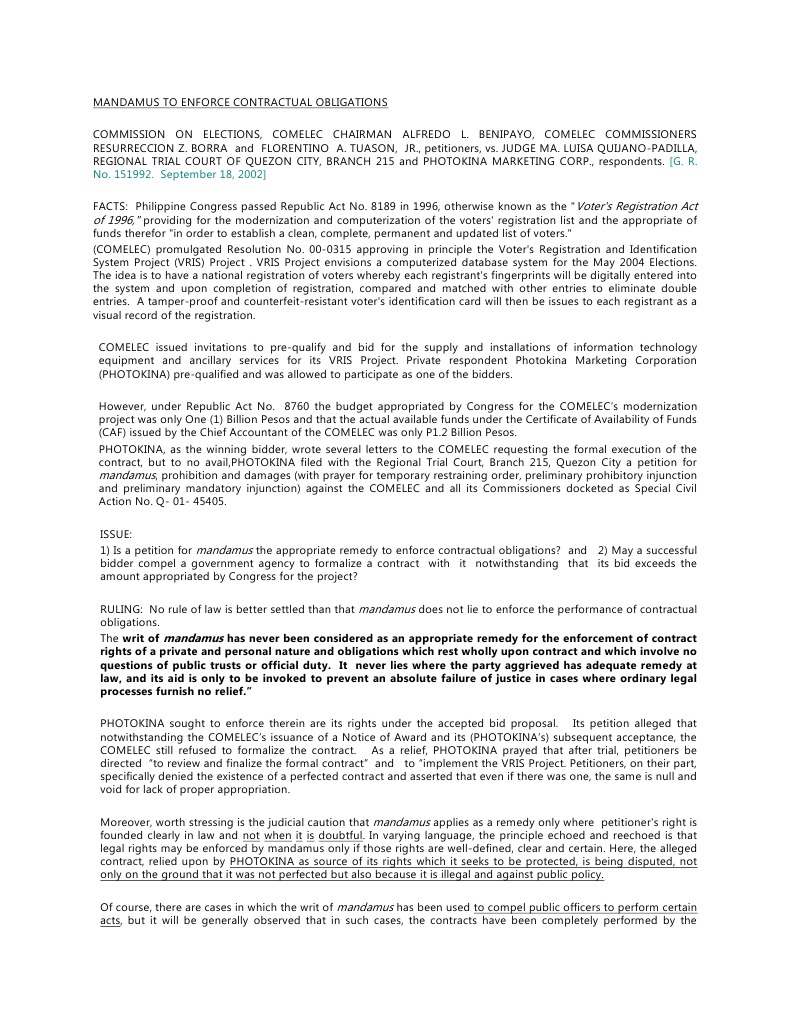 Comelec vs. Quijano - Shorter Version | Download Free PDF | Mandamus | Commission On Elections ...