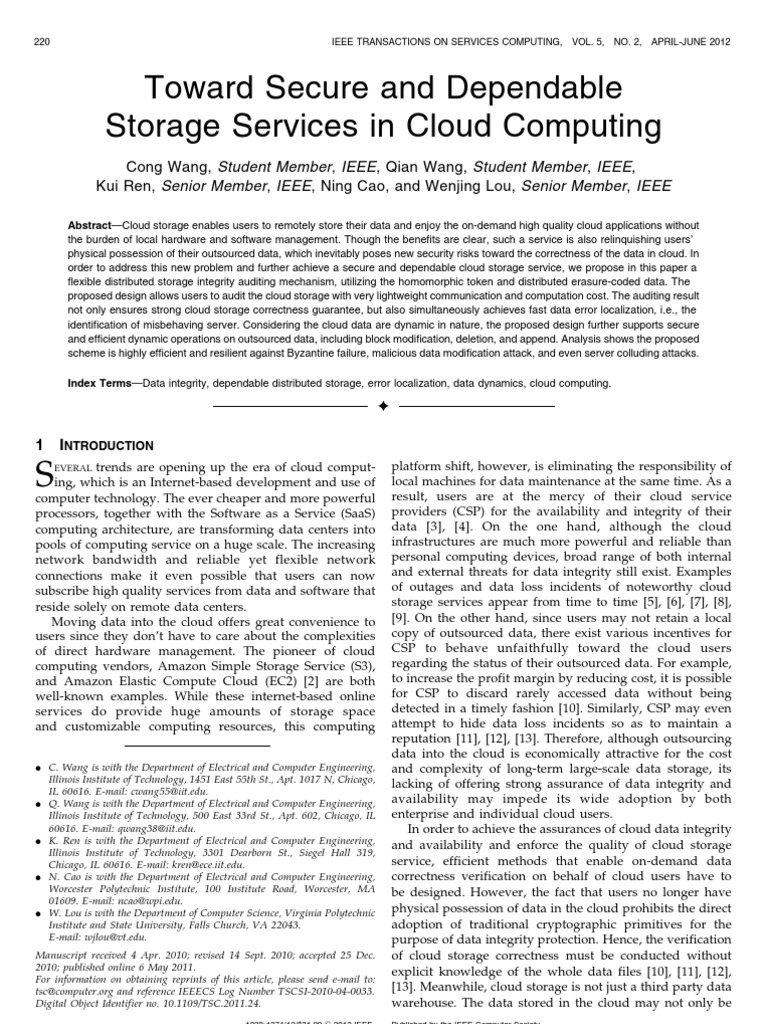 Toward Secure and Dependable Storage Services in Cloud Computing | PDF | Cloud Computing ...