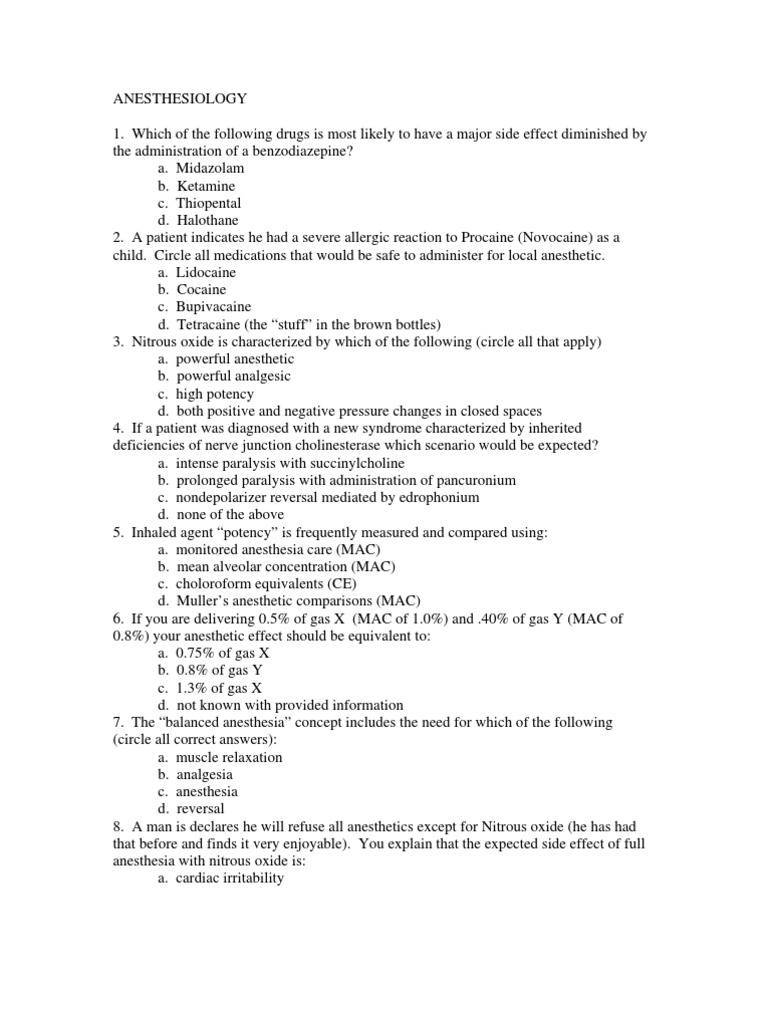 Anesthesia Quiz PDF | Download Free PDF | Anesthesia | Medical Treatments