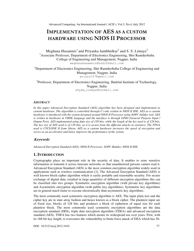 Implementation Of Aes As A Custom Hardware Using Nios Ii Processor Pdf Key Cryptography
