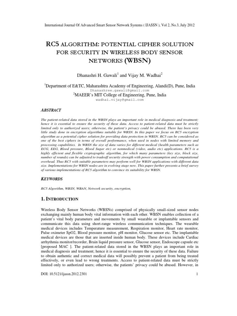 Rc5 Algorithm Potential Cipher Solution For Security In Wireless Body Sensor Networks Wbsn 