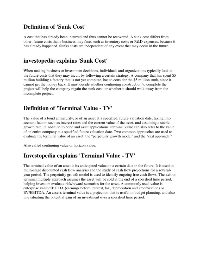 Definition of 'Sunk Cost' | PDF | Beta (Finance) | Net Present Value